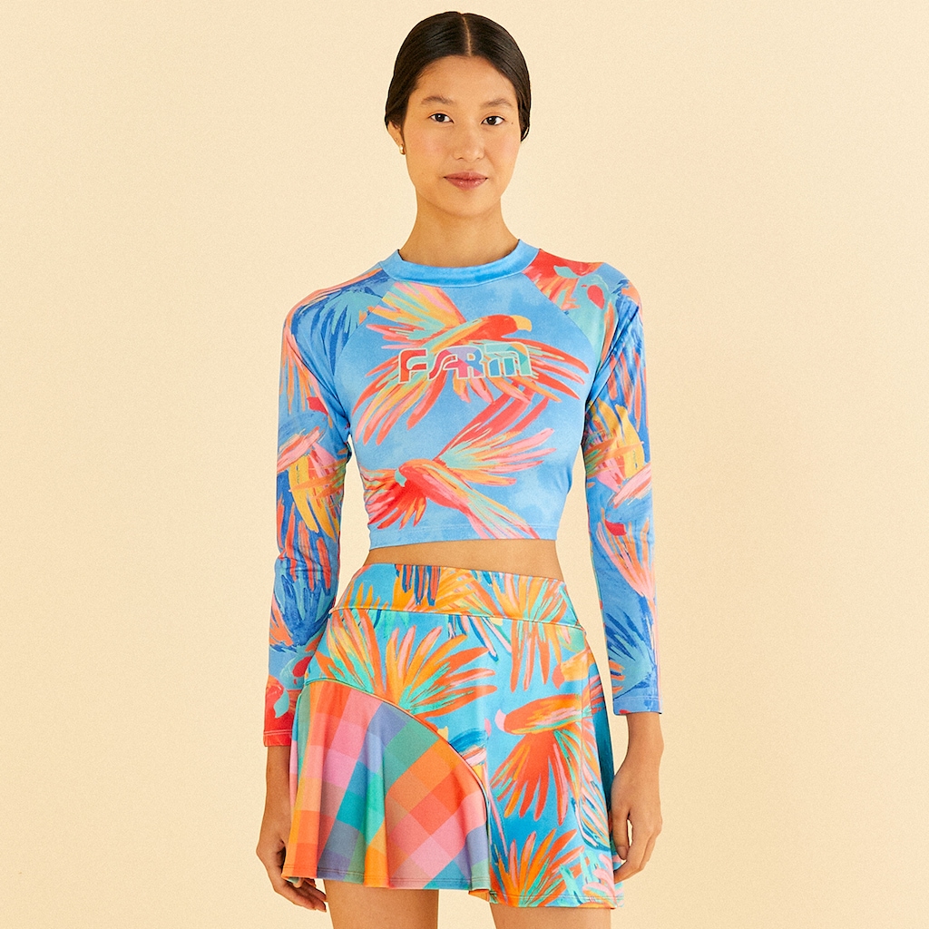 Blusa Cropped Manga Longa Feminina Farm UV Pássaros Pintados | Centauro