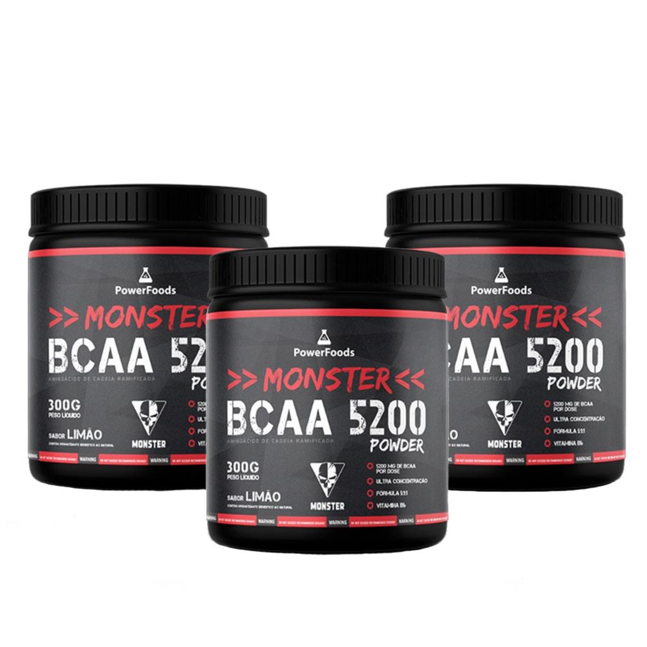 Kit 3 Monster BCAA 5200 Powder Limão 300 g - PowerFoods | Centauro