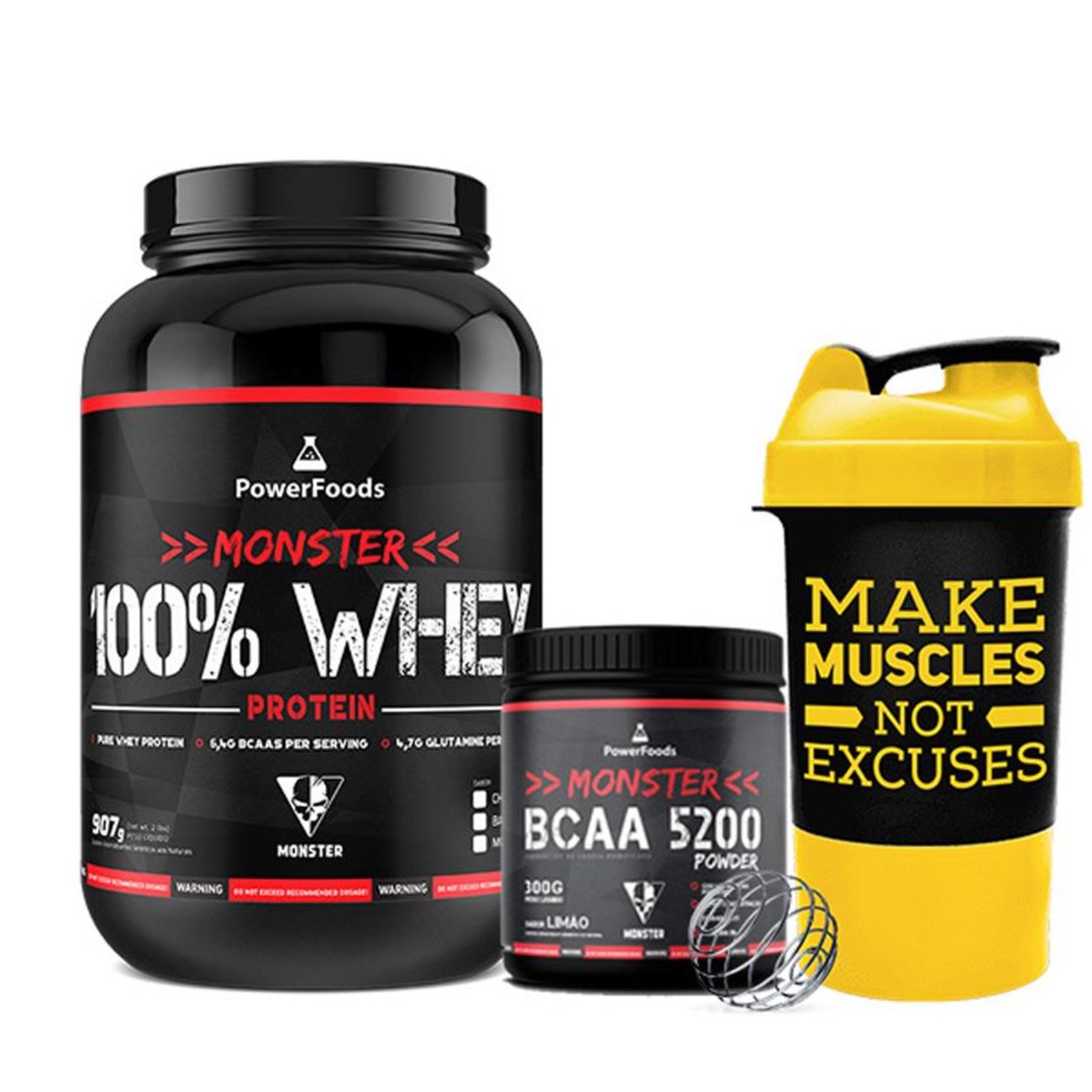 Kit Monster 100% Whey Protein + Monster BCAA 5200 + Coqueteleira ...