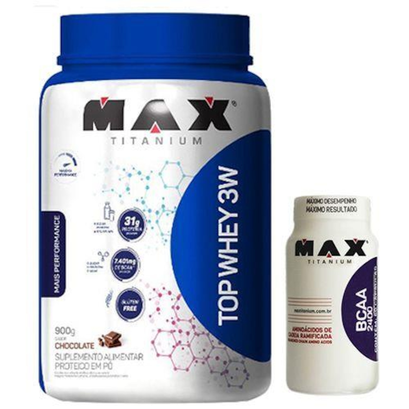 Kit Max Titanium com Whey Protein 3W Top - Chocolate - 900g + BCAA 2400 ...