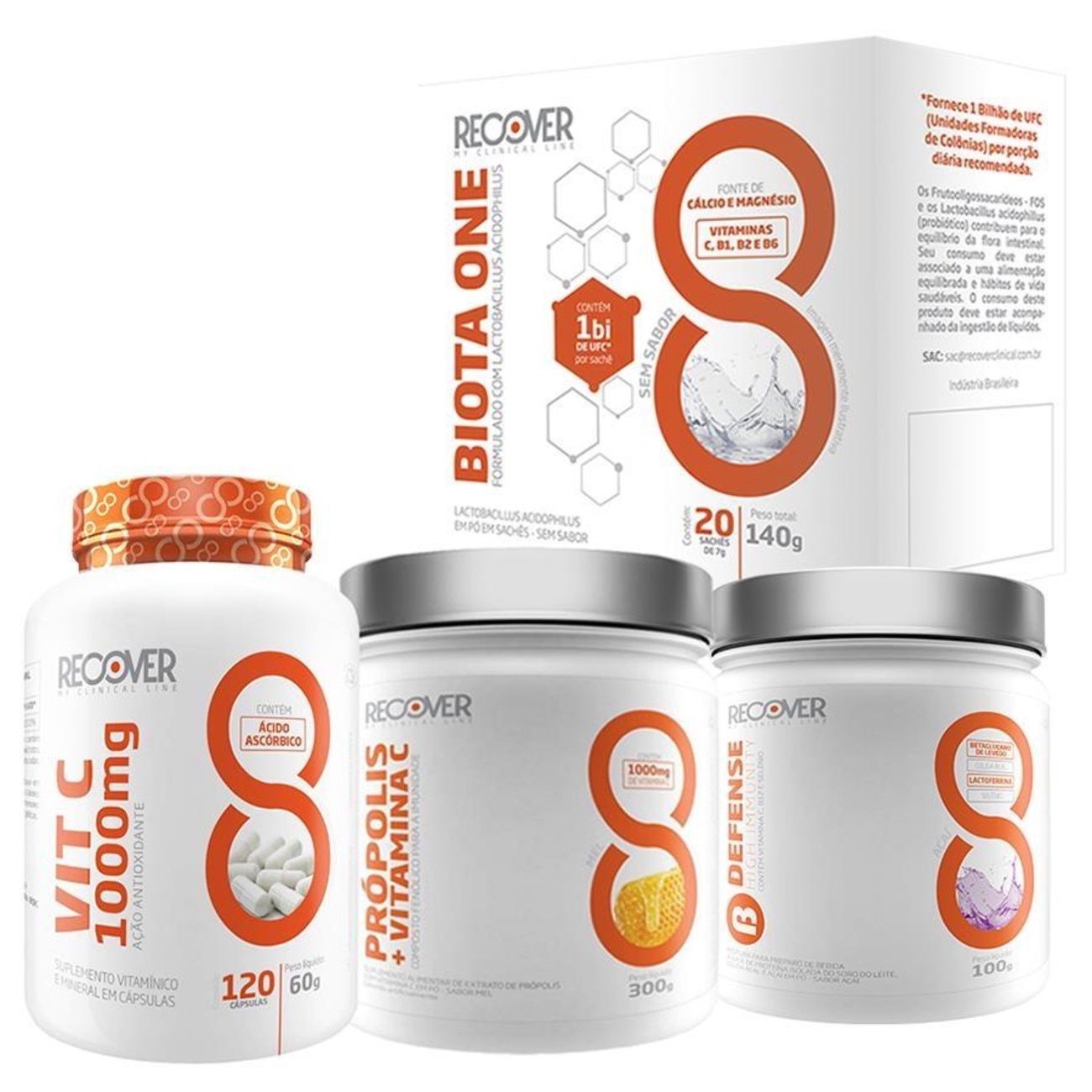 Kit Imunidade Recover VIT C - 1200 Capsulas + Biota One - 20 Saches + B ...
