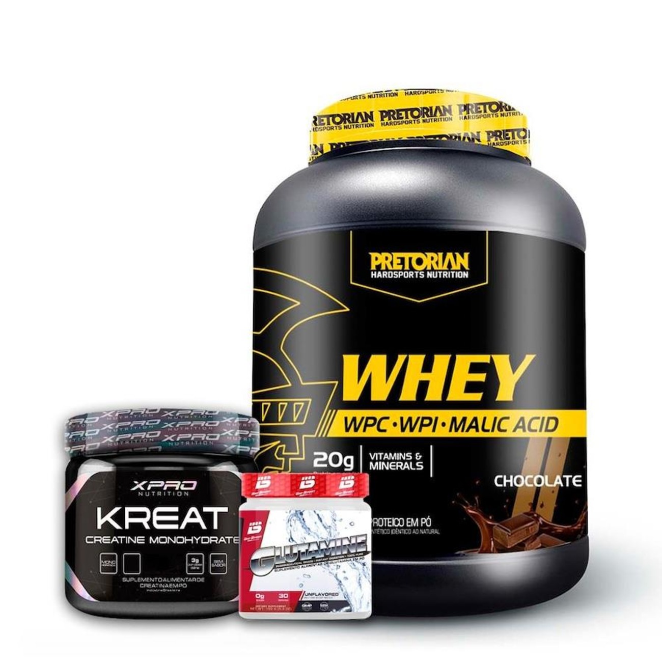 Kit Whey WPC 900g Pretorian + Kreat Monohidratada 300g XPRO + Glutamina Pura 150g Bio Sports ...