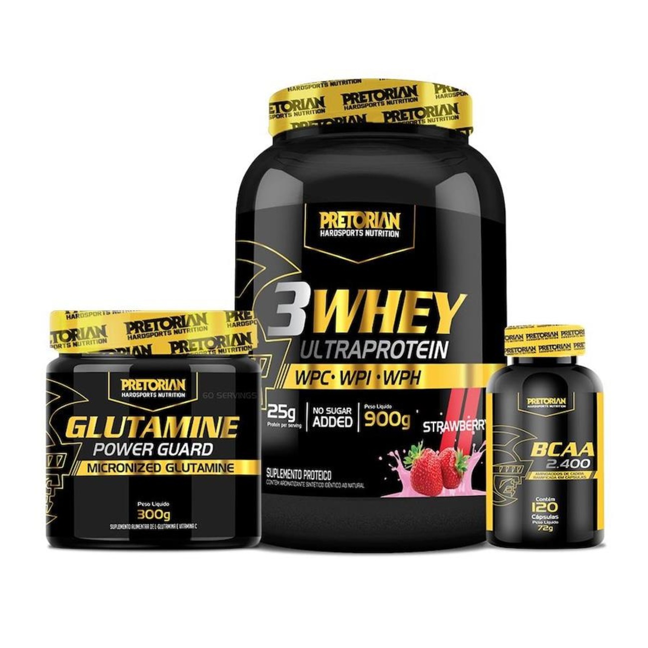 Kit 3W Ultra Protein Pretorian Morango + Glutamina 300g + Bcaa 2400 ...