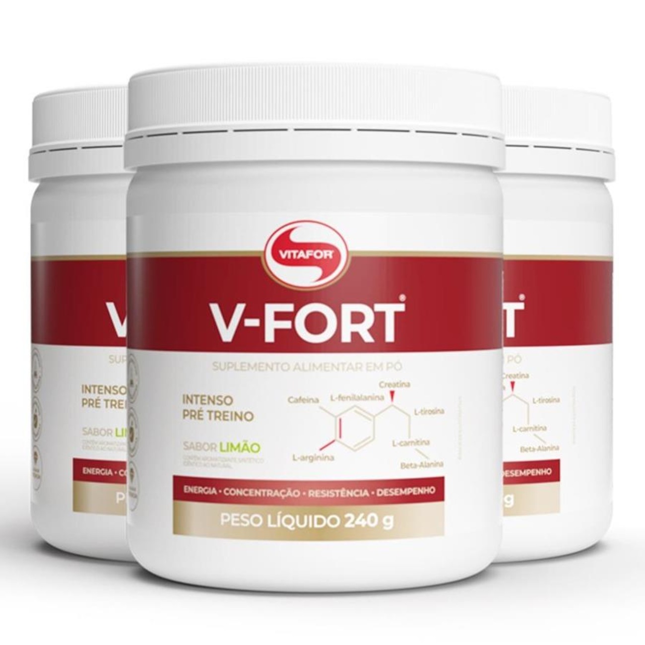Kit de V-Fort - Intenso Pré Treino Vitafor - Limão - 240g - 3 unidades ...