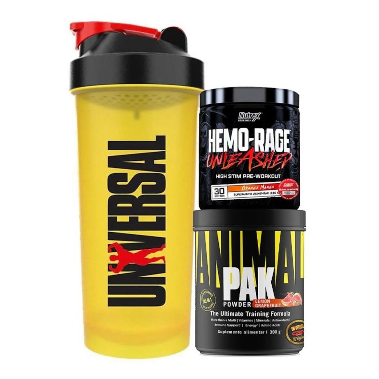 Kit Pré-Treino Hemo-Rage Unleashed 180G + Animal Pak Powder 300G ...