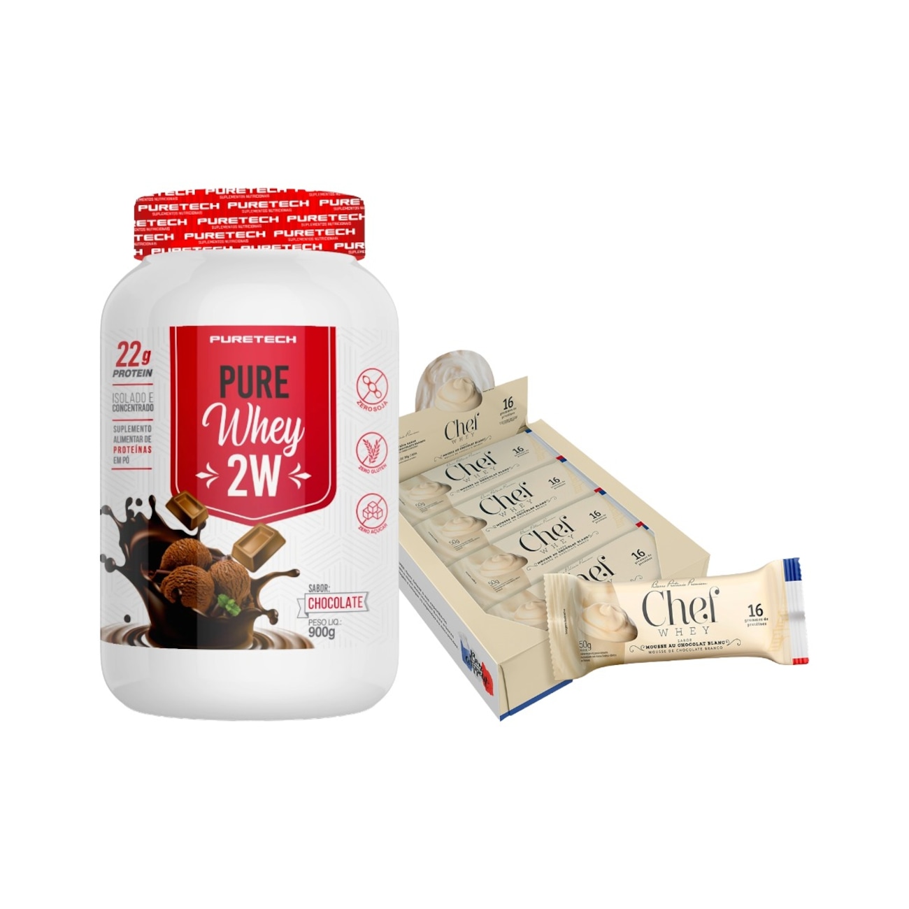 Kit Whey Protein Pure 900g Puretech + Barra de Proteína Premium Display ...