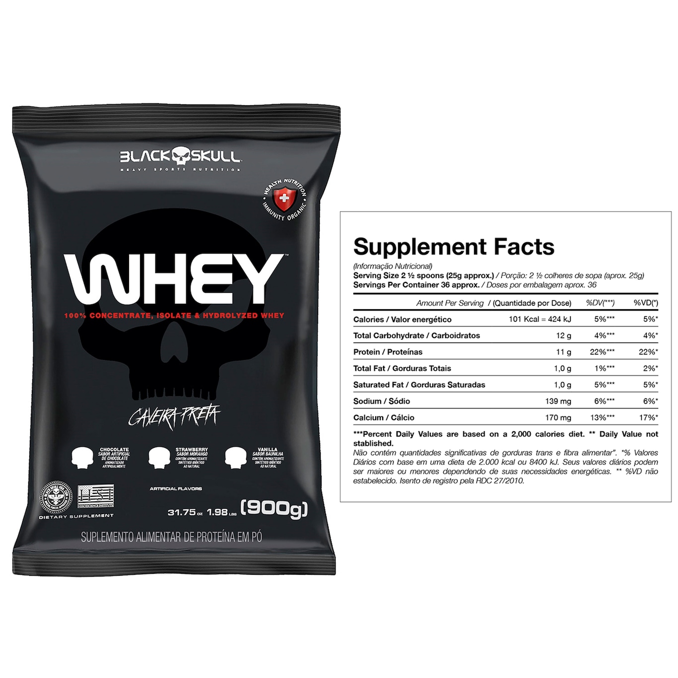 Kit Black Skull Whey Protein 100% Isolado Baunilha 900g + Creatina ...
