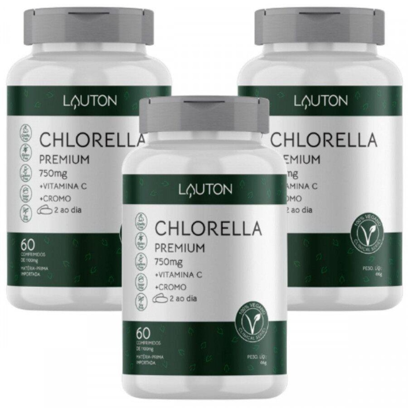 Kit com 3 Chlorella Premium Lauton (Clorela + Vit C + Cromo) - 180 ...