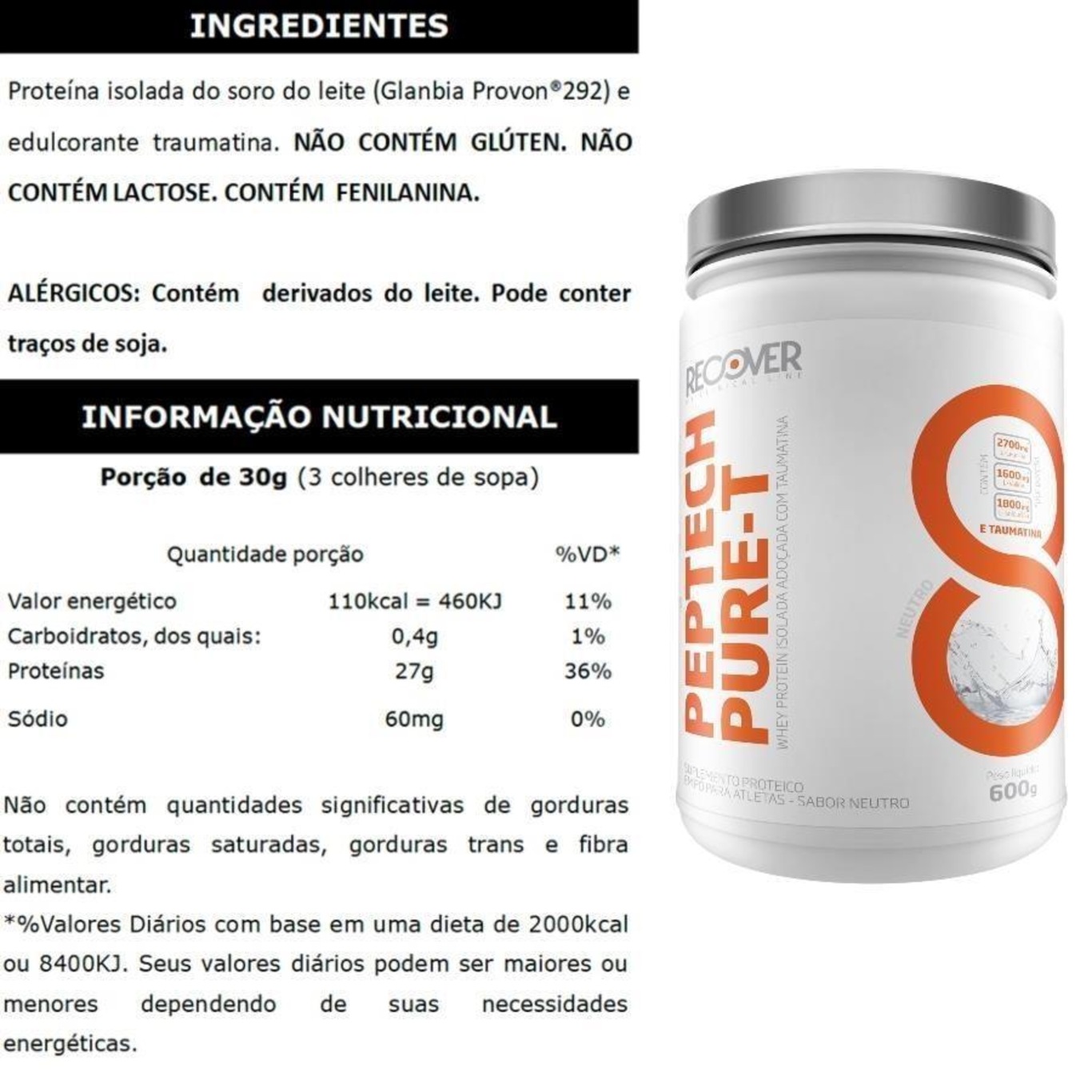 Proteína Isolada Peptech Pure T Recover - Natural - 600g | Centauro