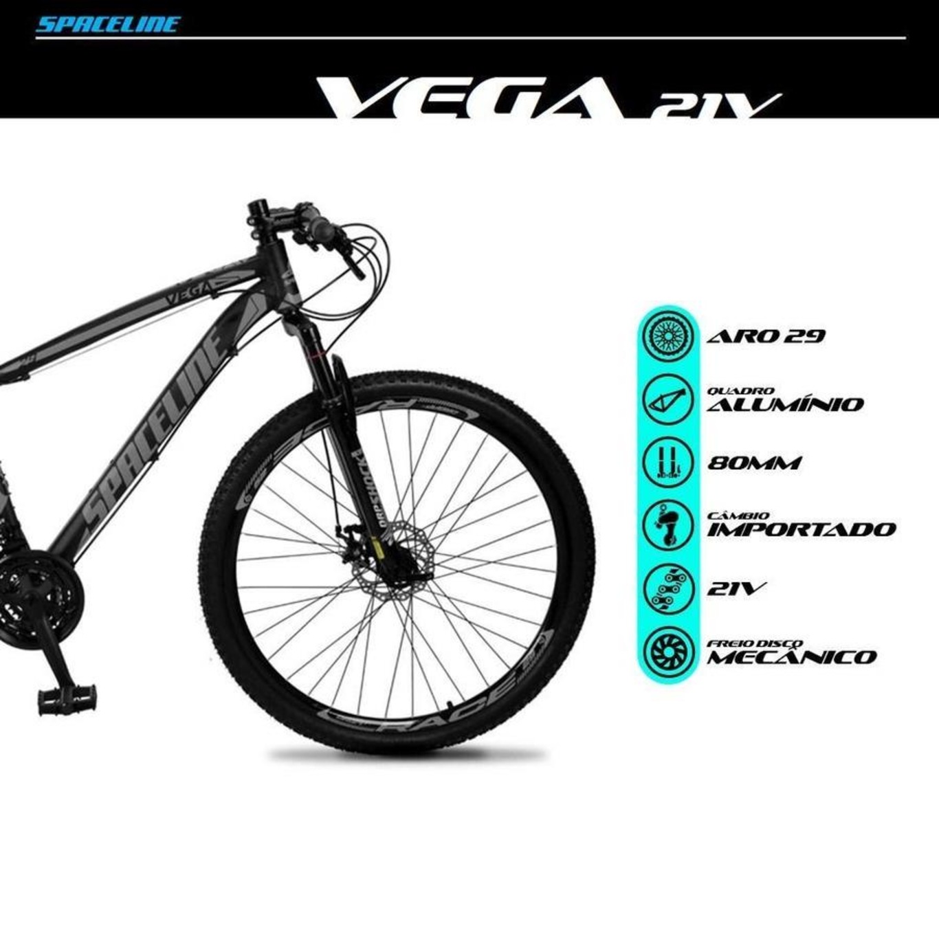 Bicicleta Montain Bike Spaceline Vega 19 Aro 29 Freio Mecânico Câmbio Importado 21 Marchas ...