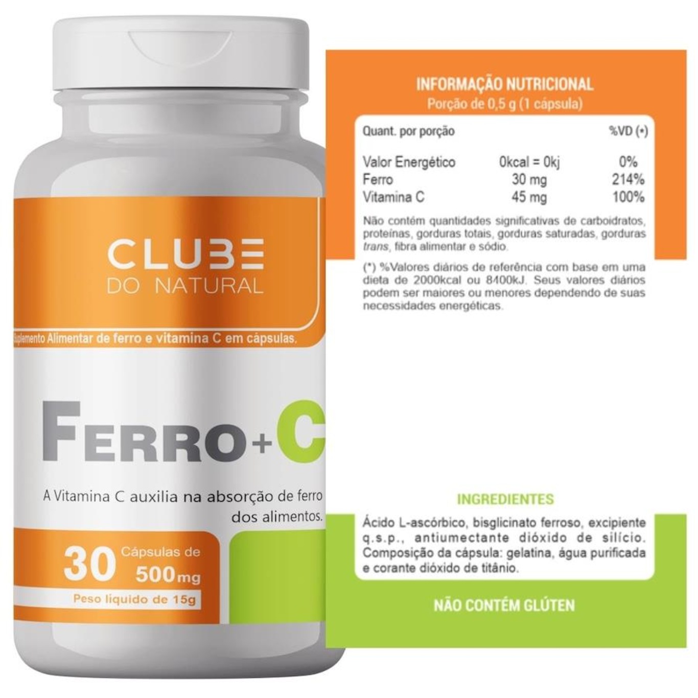 Ferro Vitamina C Clube do Natural - 30 cápsulas | Centauro