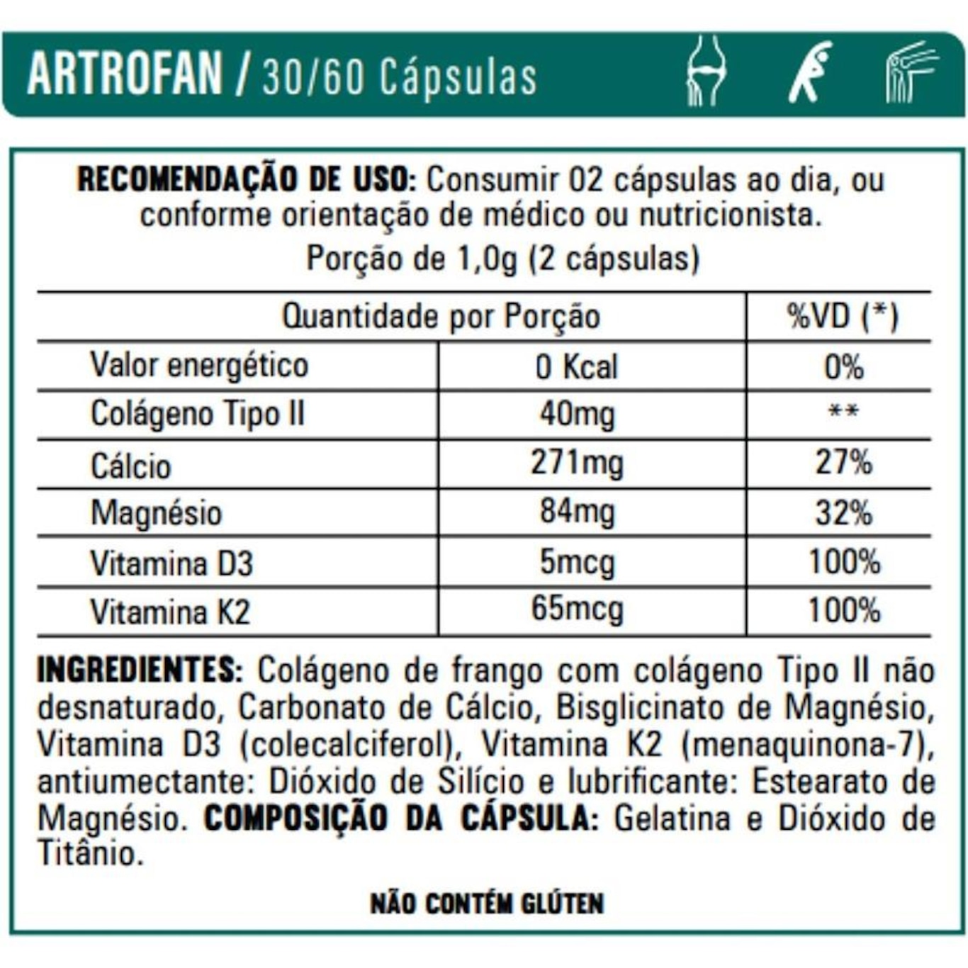 Colágeno Tipo 2 Flora Nativa 500mg Artrofan - 60 cápsulas | Centauro