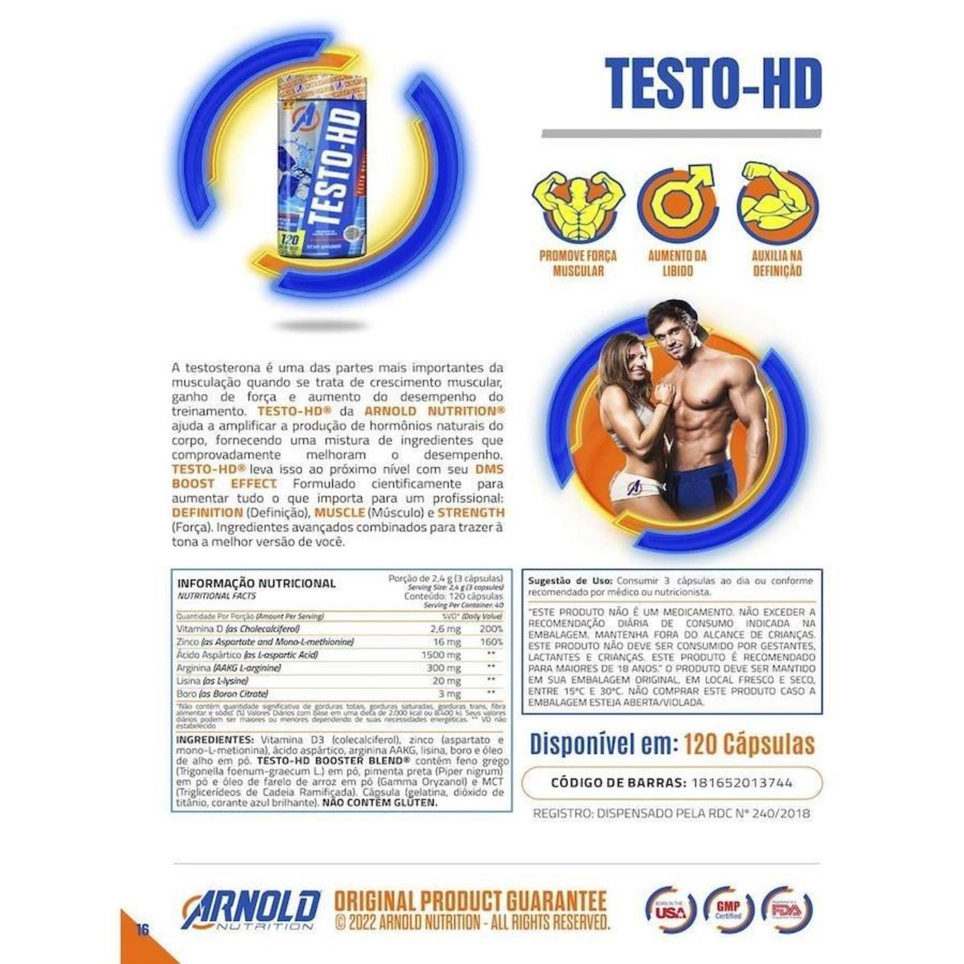 Testo HD Pré Hormonal Arnold Nutrition - 120 Cápsulas | Centauro