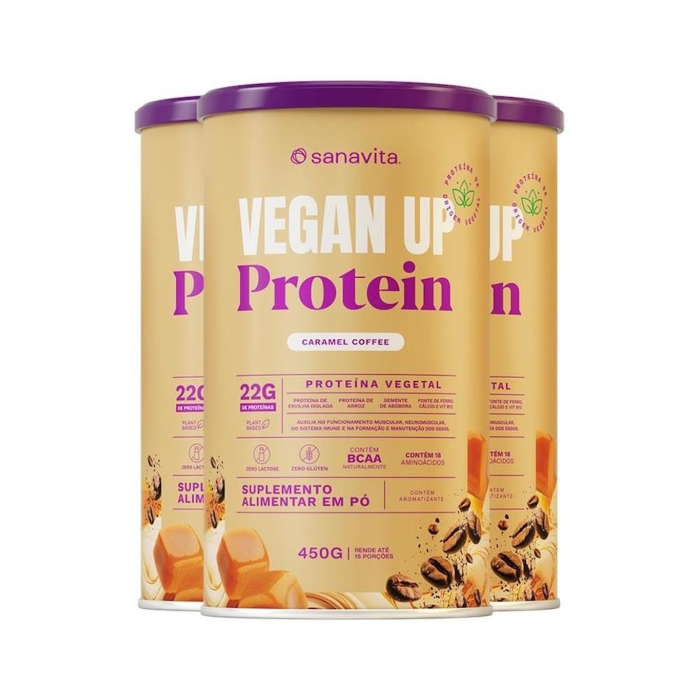 Kit Vegan Up Protein Sanavita - Caramel Coffee - 450g - 3 unidades | Centauro