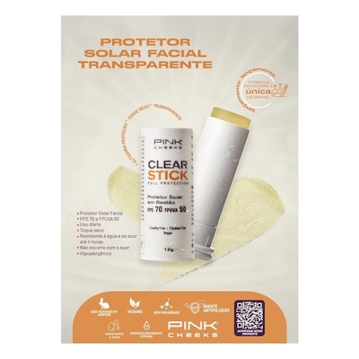 Protetor Solar Transparente FPS70 FPUVA50 Clear Stick Pink Cheeks 12g ...